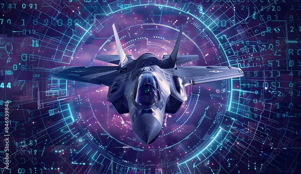 Fighter jet flying in the air, surrounded by blue and purple data ...