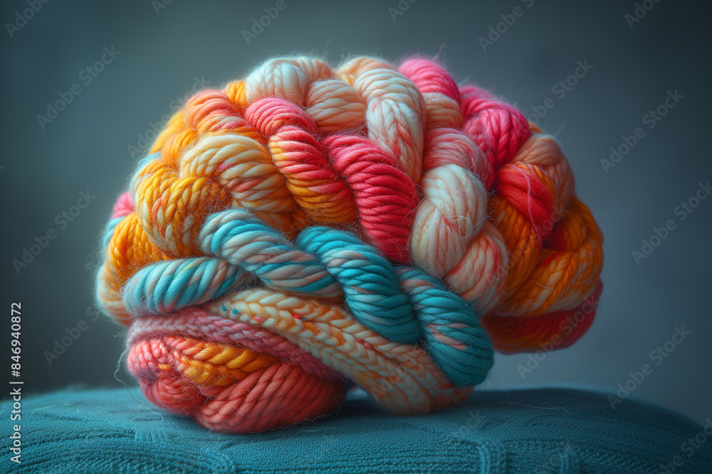 Human brain knitted with wool, self esteem and mental health concept ...