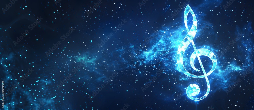 Abstract background with a glowing music note and treble clef symbol on ...