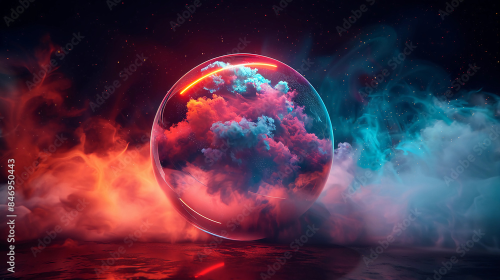3D Spectacular cosmic cloud explosion within transparent sphere with ...