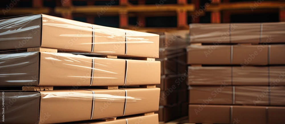 Stacked package boxes wrapped in plastic film on pallets with L shape ...