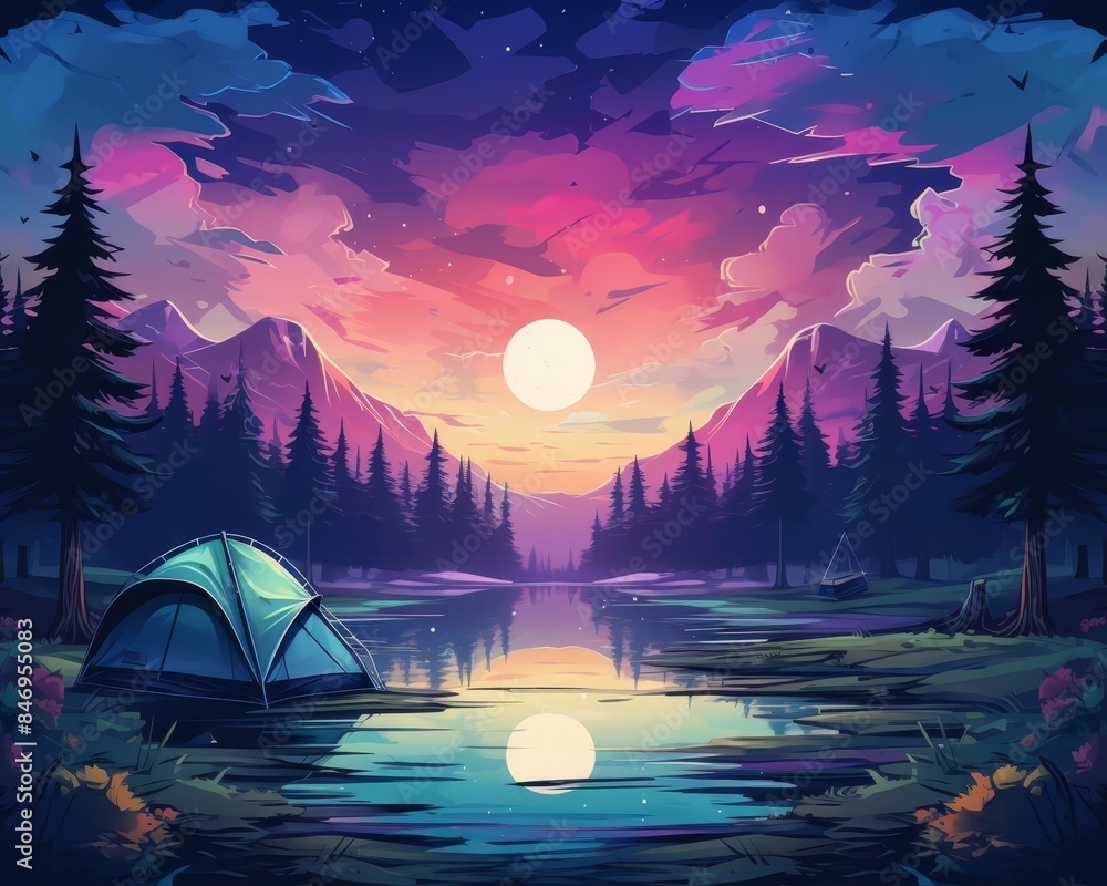 camping and outdoors poster, flat design, front view, exploration theme ...