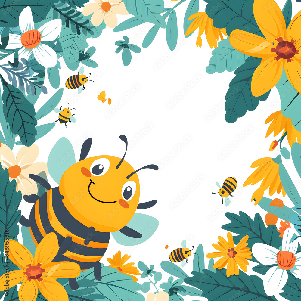 Cute cartoon frame border with bee and flower background with white ...