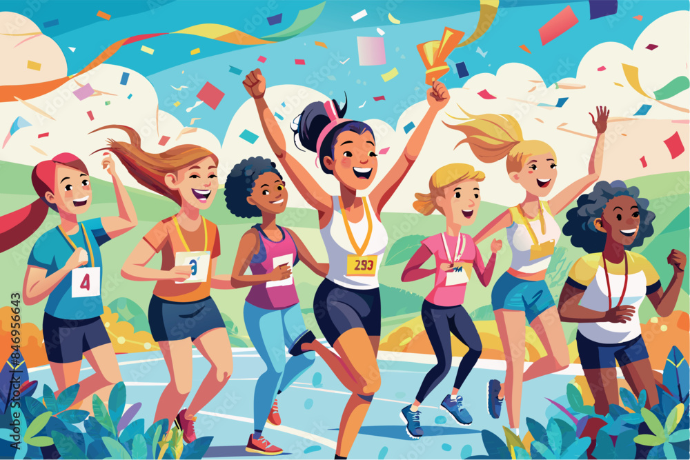 depicts runners crossing the finish line in a race. They raise their ...