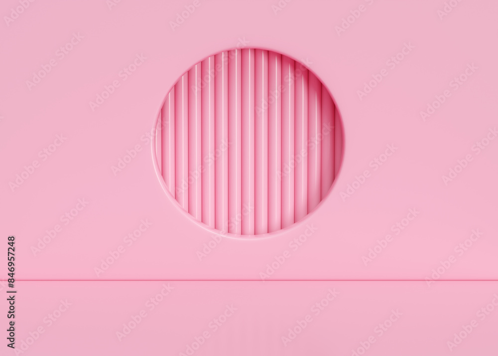 Empty pink pastel studio bg with floor and circle hole in wall for ...