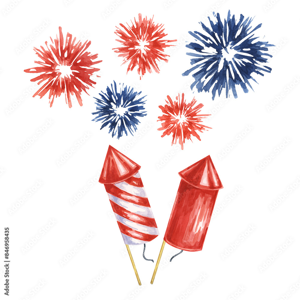 Fourth of July banner. Red, Blue firecrackers and fireworks bursts ...