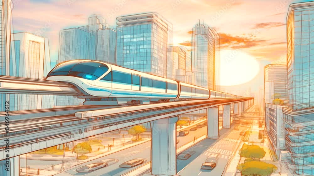 Seamless looping animation of a monorail in the city during the evening ...