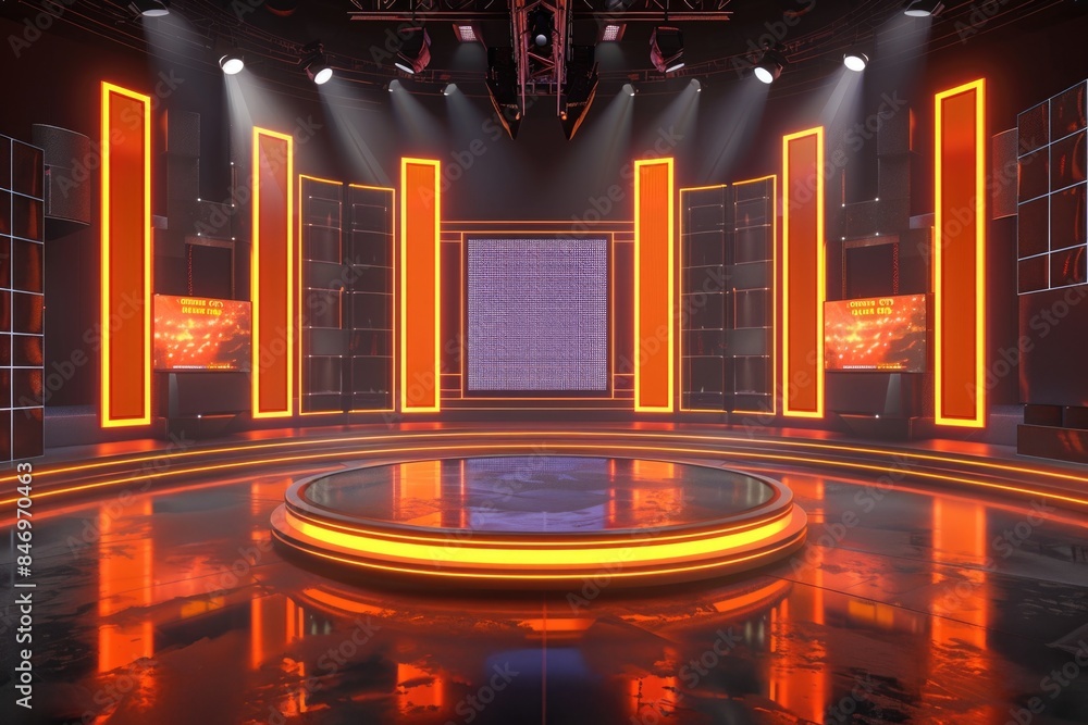 The TV game show stage features an empty circular platform with LED ...