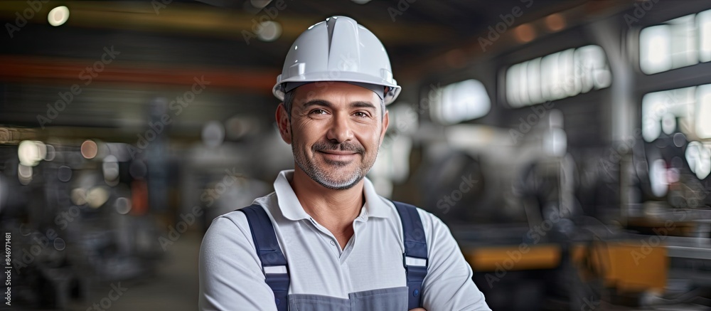 Professional Hispanic male engineer wearing a white hard hat and work ...