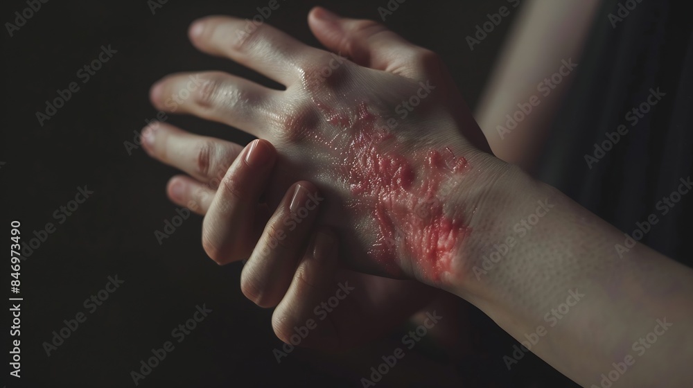 Closeup womans hand scratching red rash on back of hand due to body ...