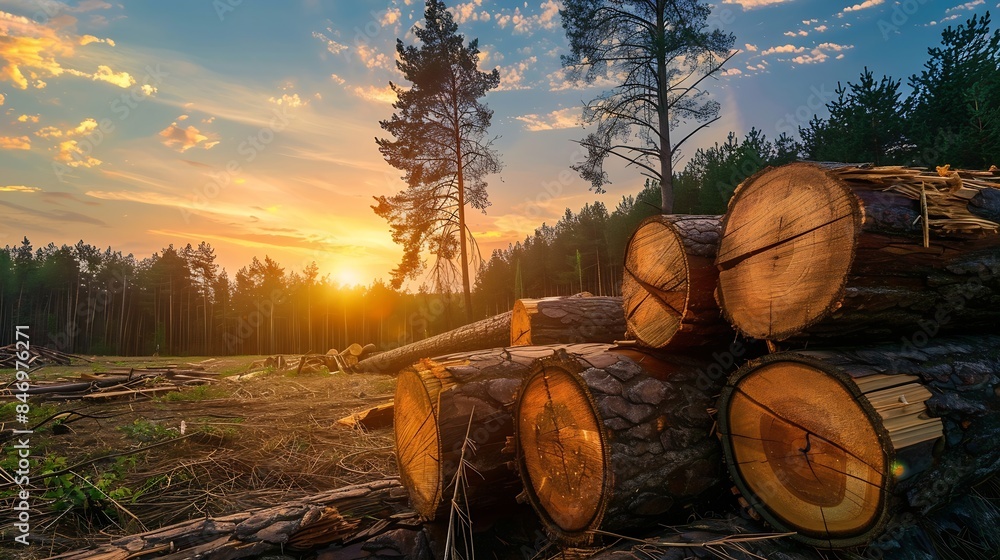 Felled tree against the sunset Cutting trees at forests area Stacks of ...