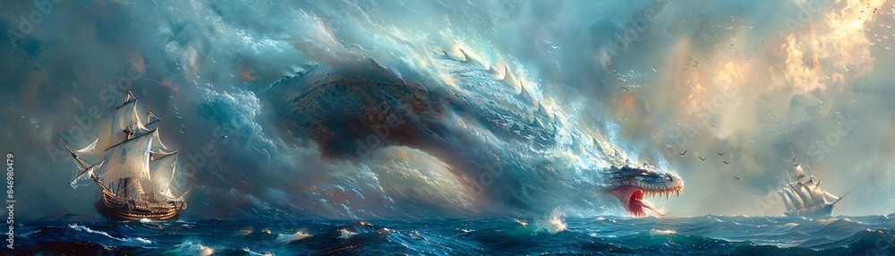 A magnificent and terrifying sea serpent emerges from the depths of the ...