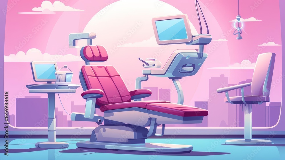Healthcare dental clinic flat design, front view, dental chair, cartoon ...