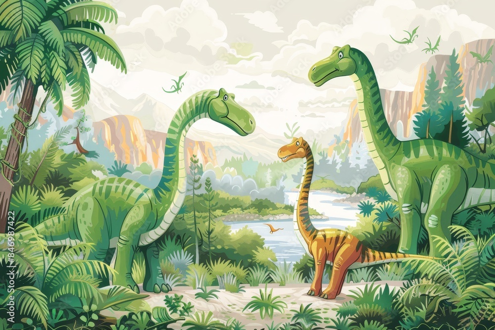 dinosaur background with happy dinosaurs and giant ferns Stock Photo ...