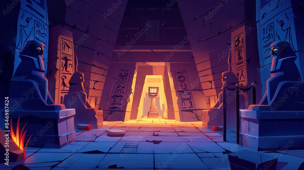 A terrifying interior of an ancient pyramid in Egypt. Stone statues ...