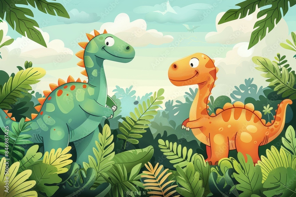 dinosaur background with happy dinosaurs and giant ferns Stock Photo ...