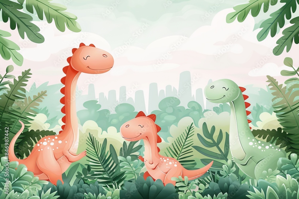dinosaur background with happy dinosaurs and giant ferns Stock Photo ...