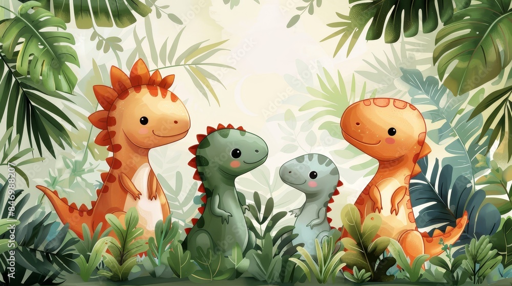 cute dinosaur background with baby dinosaurs and tropical plants Stock ...