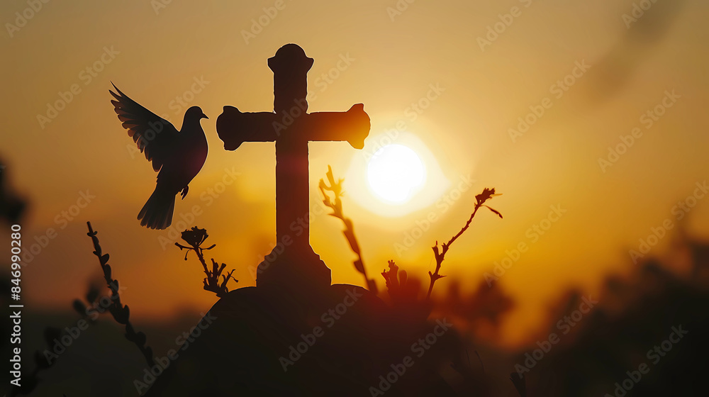 Holy Cross of Jesus Christ white dove and sunset, The white dove and the holy cross of Jesus ...