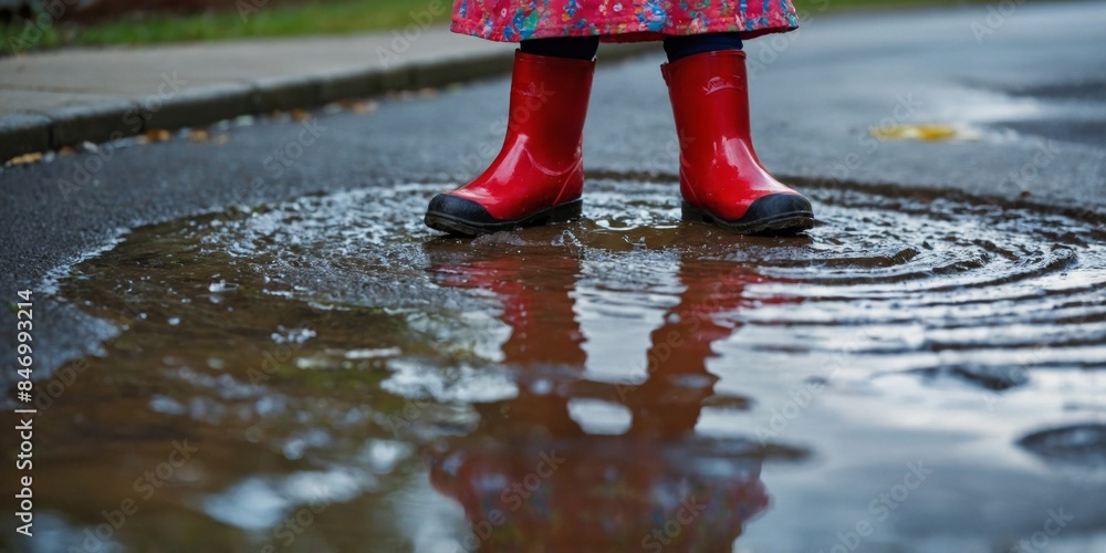 Child's feet in bright red rubber boots making a splash in a water ...
