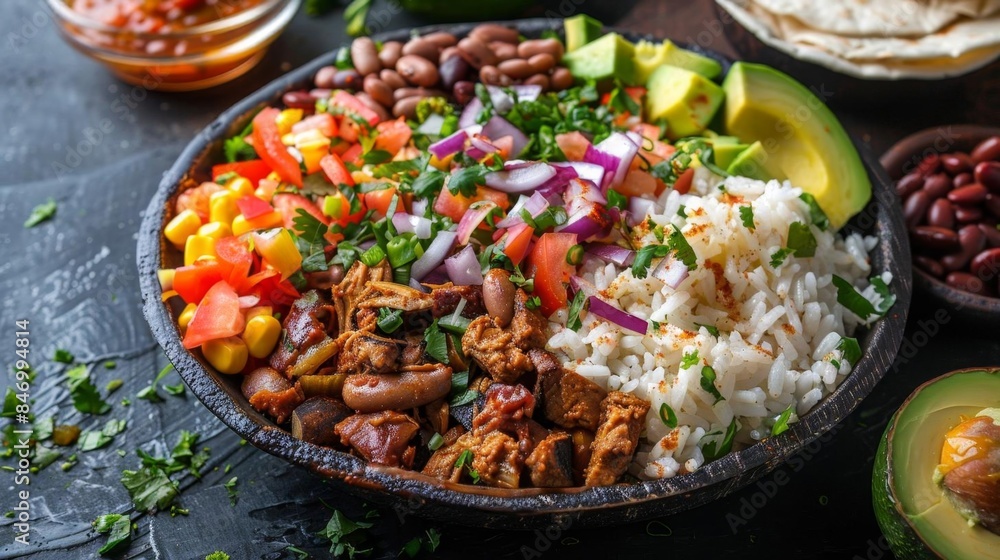 Dominican national dish La Bandera rice beans meat avocado salad Stock ...