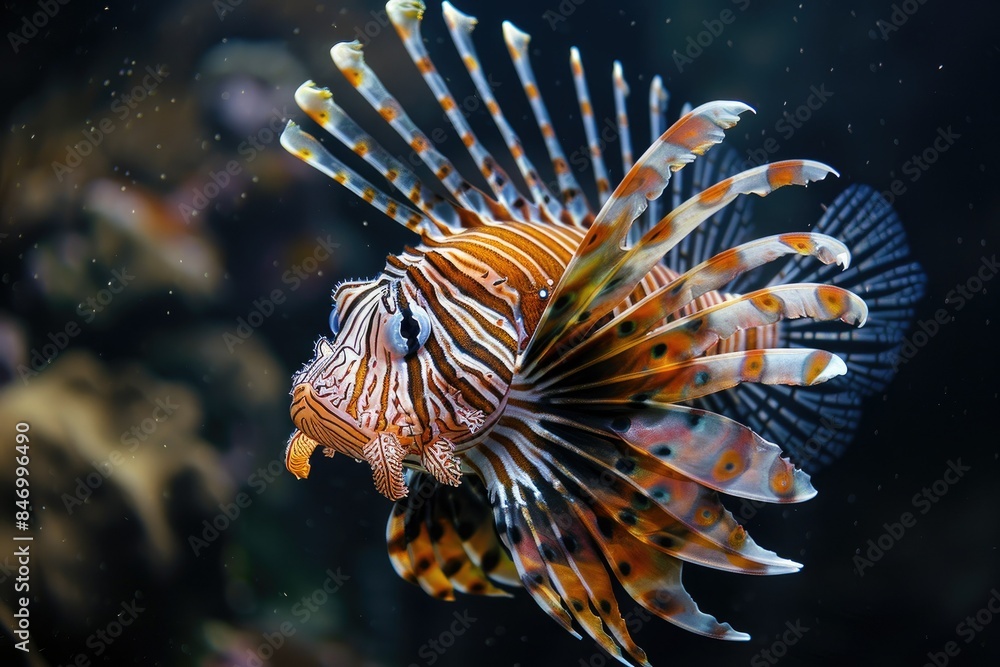 Lionfish Majesty A close-up of a lionfish displaying its striking fins ...