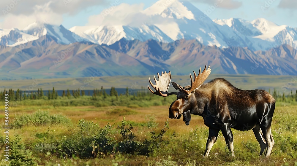 A Bull Moose trekking across the landscape in front of the Alaska Range ...