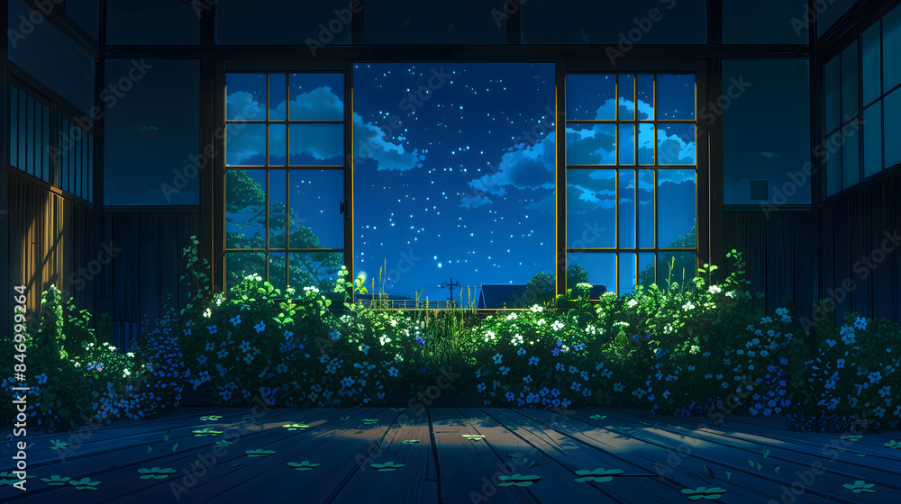 Old House Window with a View night sky, Anime background clovers style ...