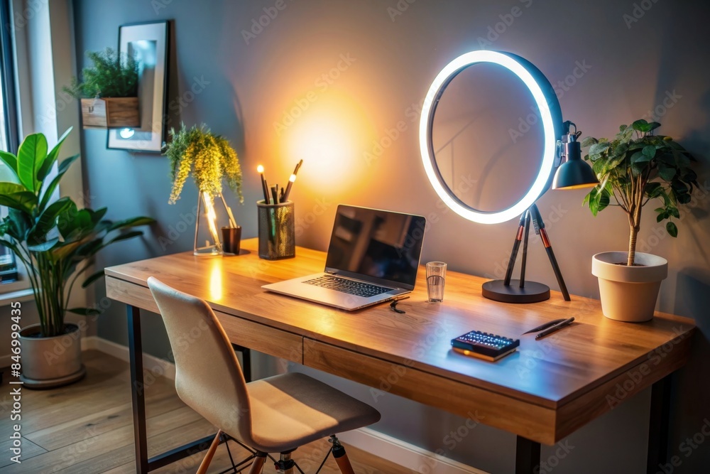 An image of a digital artist's desk with creative lighting, such as LED ...