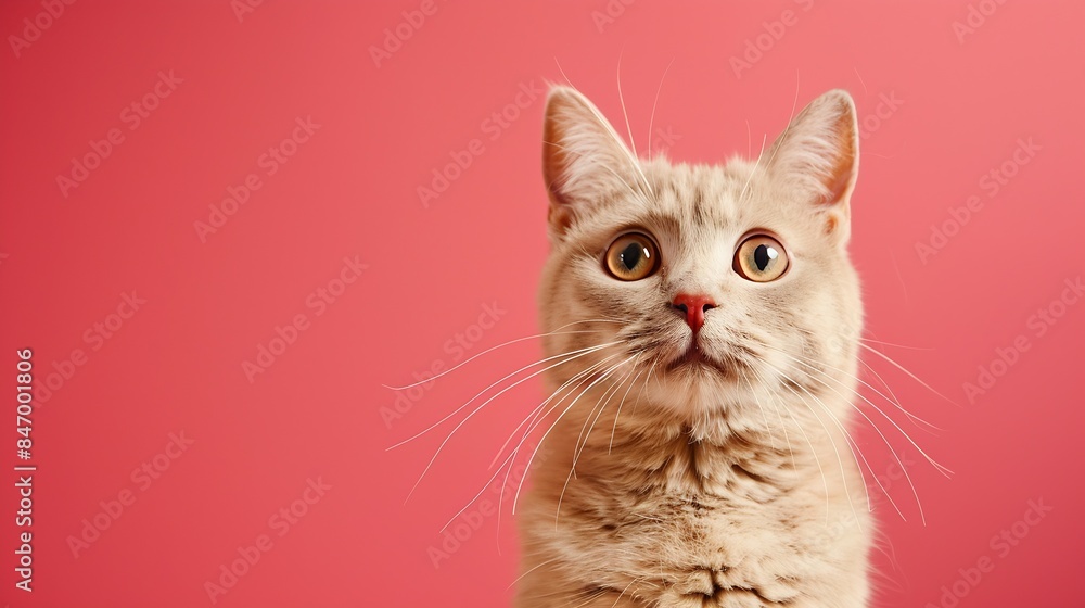 Portrait of a beige cat with a shocked expression on a colored ...