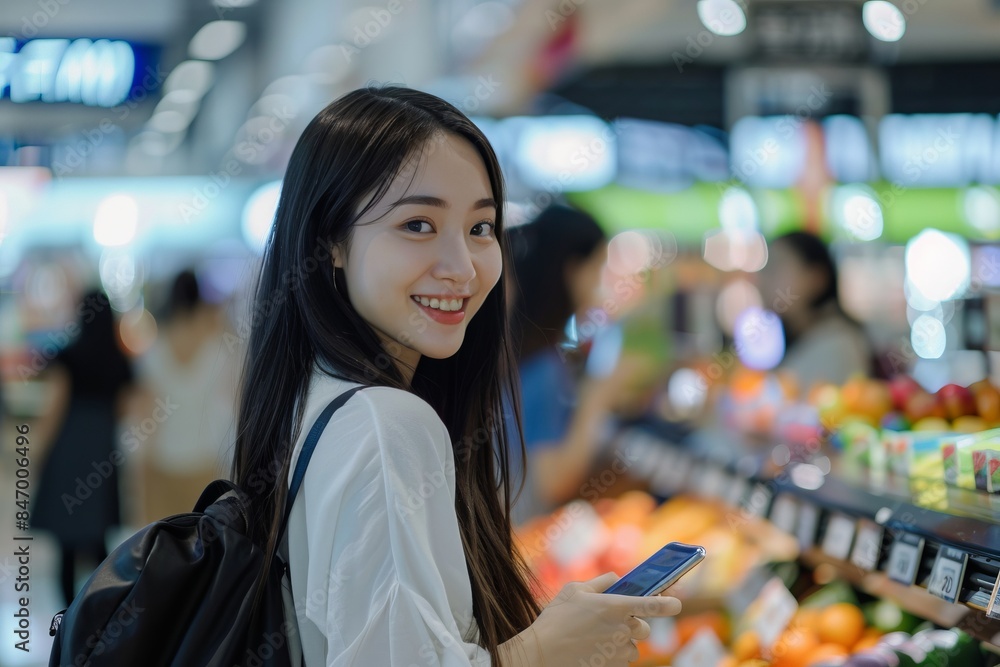 Happy woman shopping in supermarket with smile on her face. Fresh ...