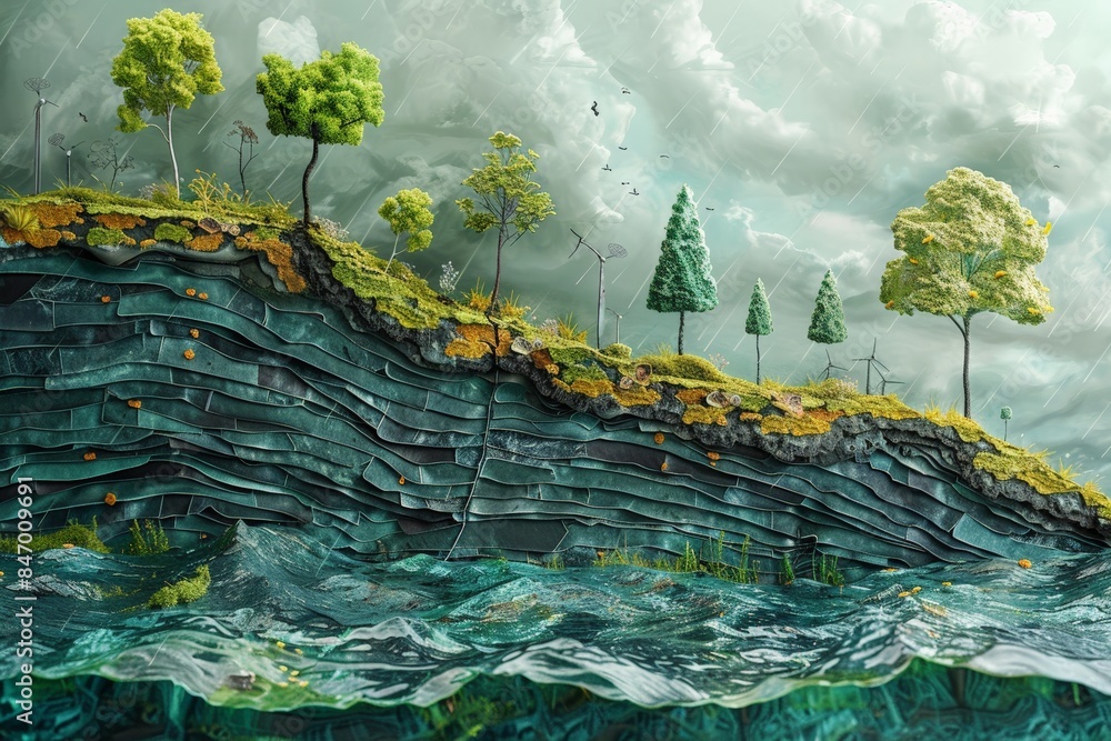 Scenic coastline with layered terrain and various trees under stormy ...