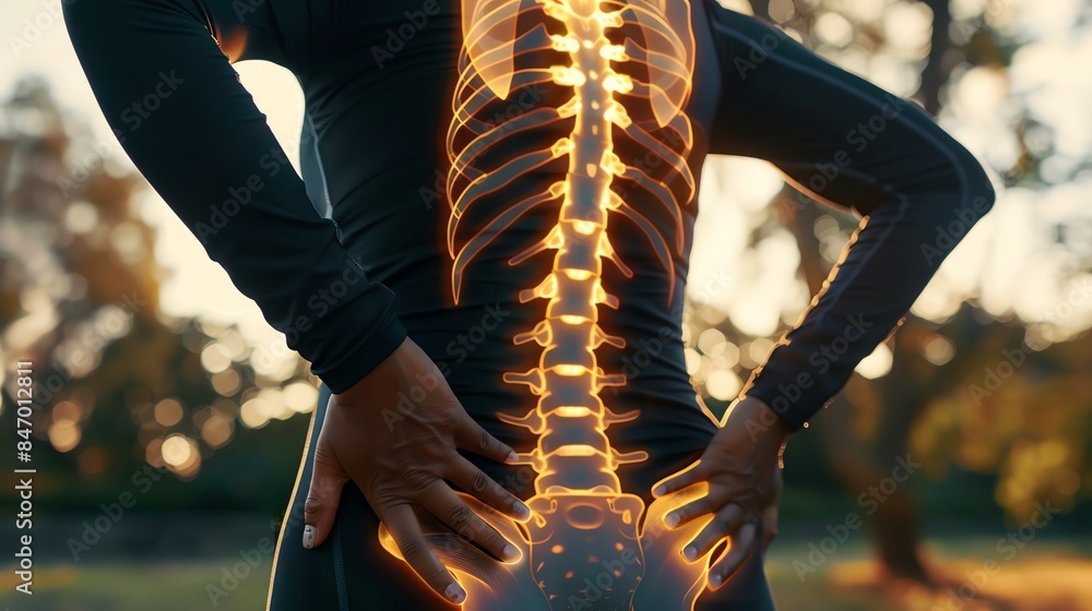 Visualization of a glowing spine overlay on a person holding their back ...