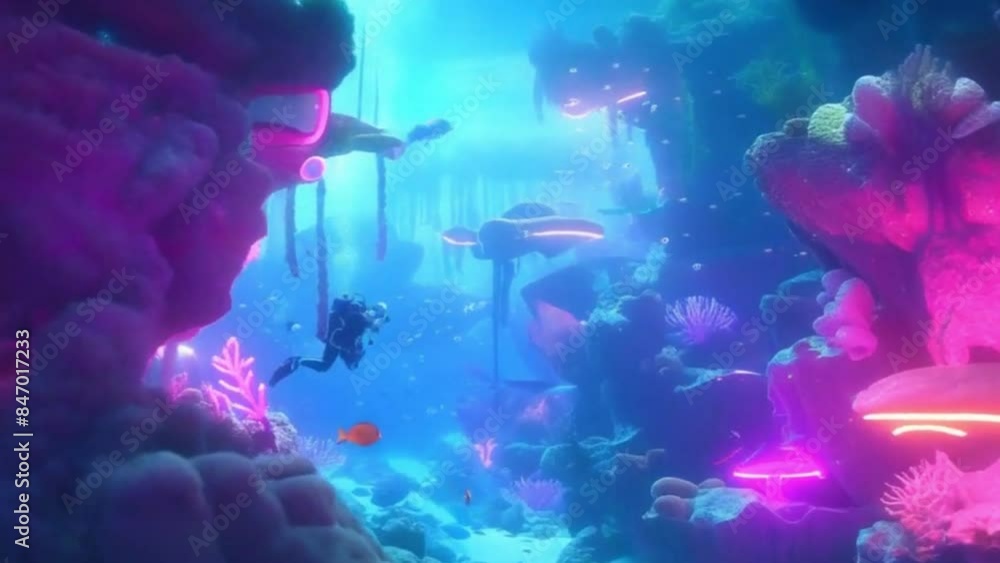 An animation depicting a high-quality neon underwater adventure. It ...