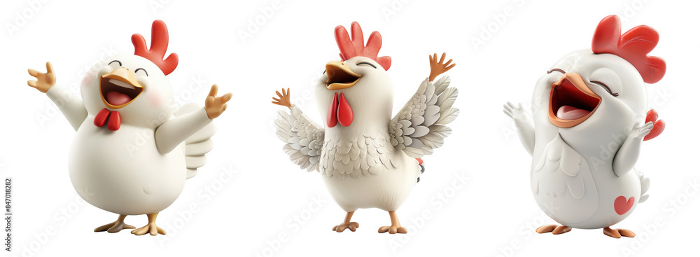 Singing Chickens, Joyful 3D chickens with open beaks and expressive ...