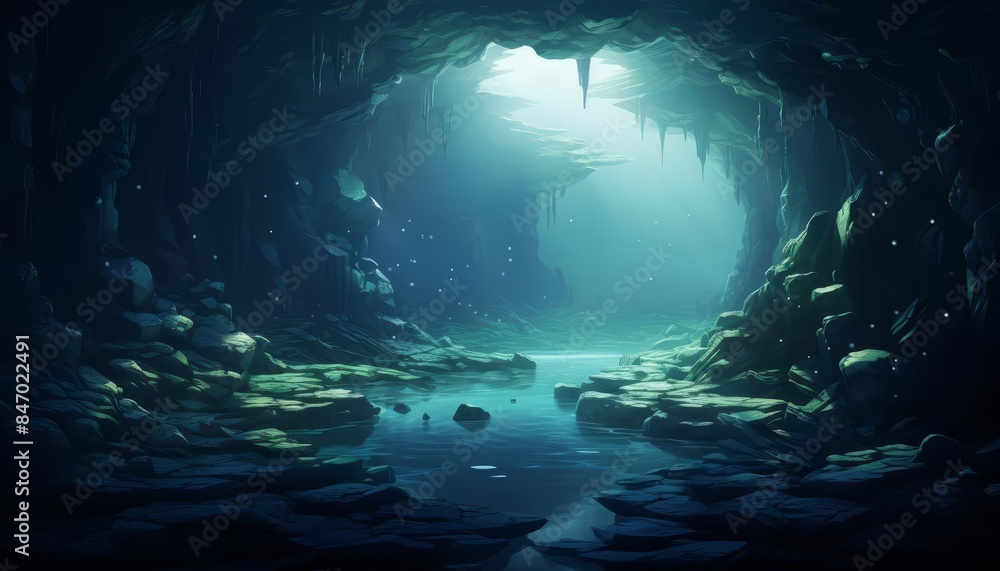 Underwater cave with stalactites, flat design, top view, exploration ...