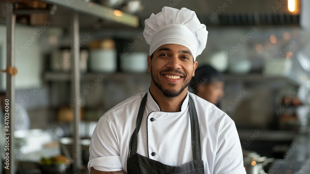 Smiling Chef of Diverse Ethnicity Wearing Uniform in Restaurant Kitchen ...