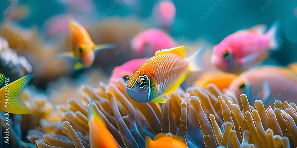 Colorful fish gather in large numbers around coral reef in spectacular ...