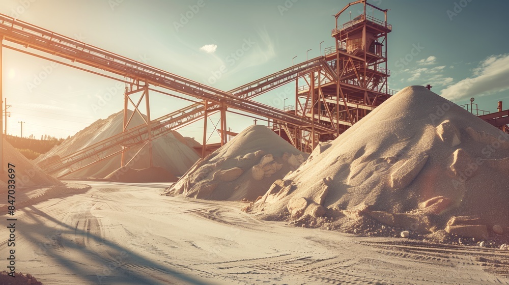 Daytime Industrial Scene: Front View of Sand Mine with Three Large ...