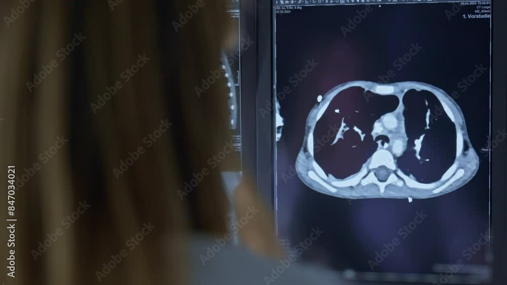 Physician Looking at the Patient's Lung X-Ray Scan on the Monitor and ...