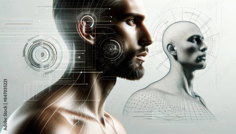 A futuristic illustration of a man with a beard, juxtaposed with a ...