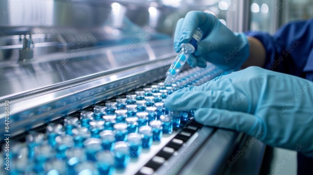 Pharmacist scientist with sanitary gloves examining medical vials on ...