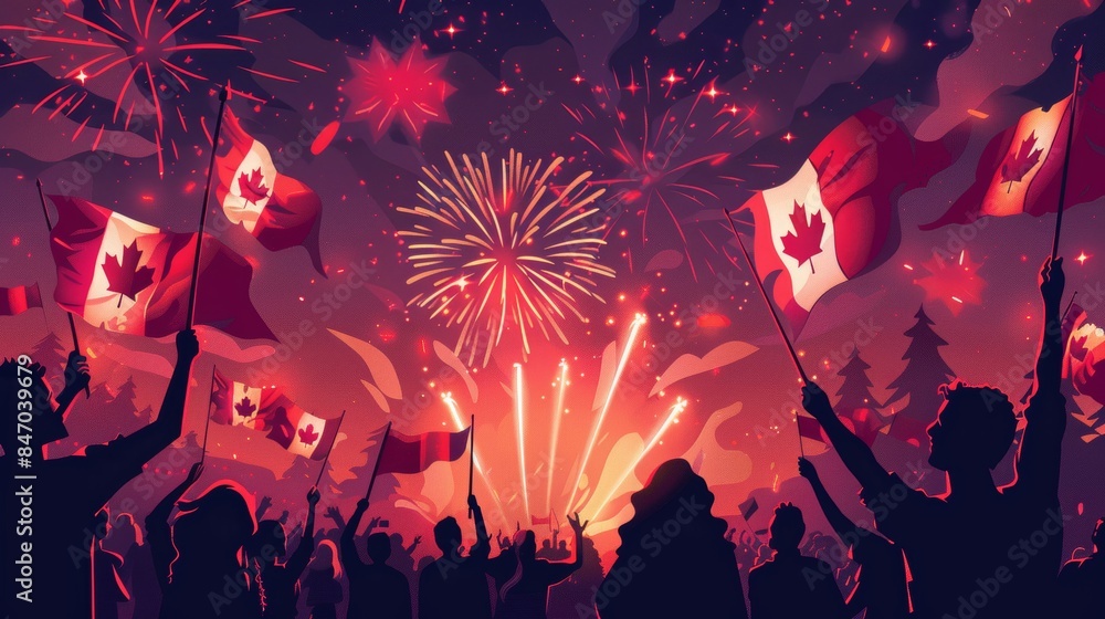 Crowd waving Canadian flags under night sky lit up with fireworks ...
