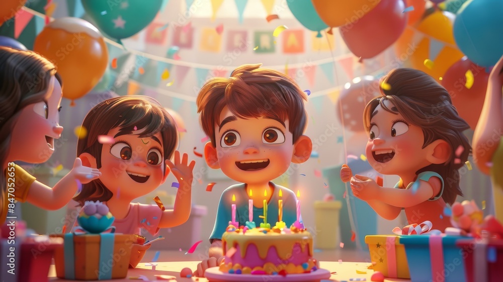 Animated celebration scene featuring happy children enjoying a colorful ...