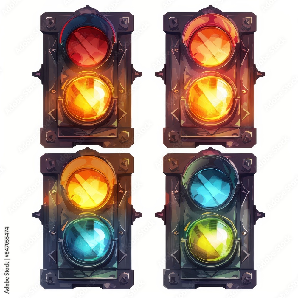 Set of four colorful traffic lights with glowing red, yellow, green ...