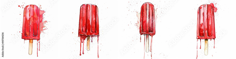 Sequential stages of a melting red popsicle on a white background ...