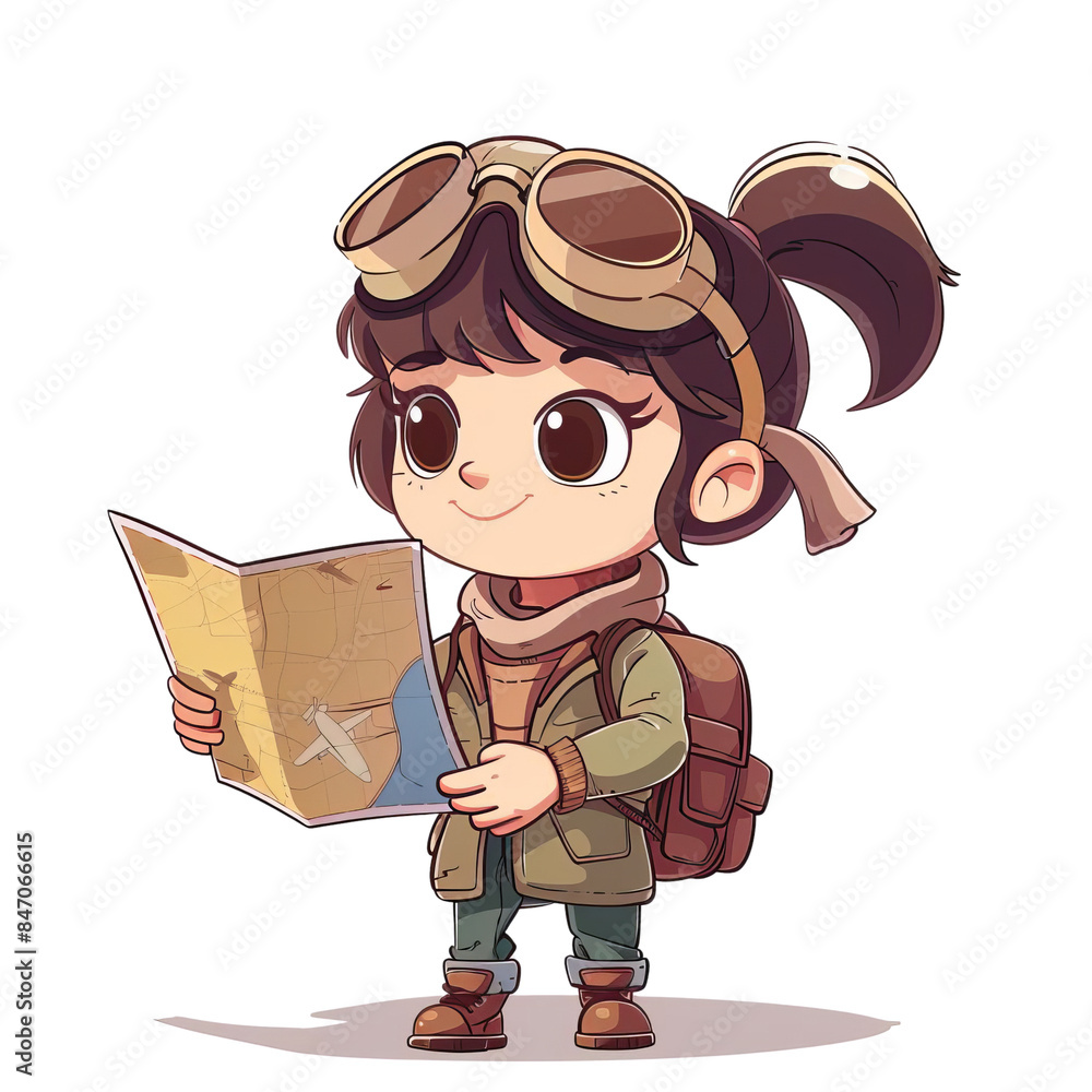 Cute cartoon explorer girl with goggles and backpack holding a map ...