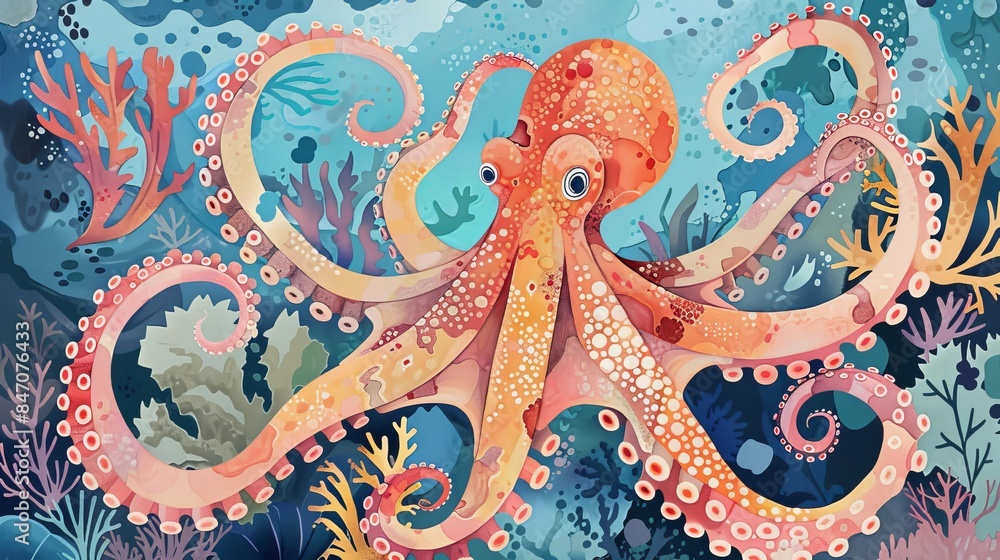 Underwater top-view flat design of an octopus garden with a watercolor ...