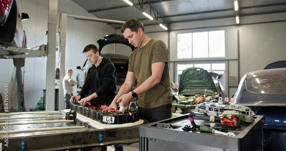 Technicians working on the assembly and repair of a high-voltage ...