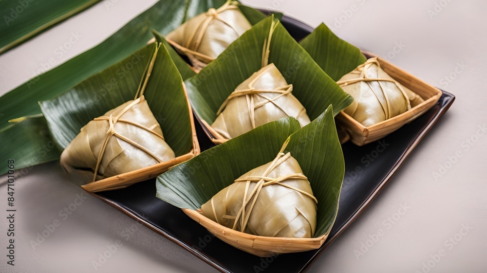Delicious triangular shaped Zongzi Dumpling wrapped in bamboo leaves ...